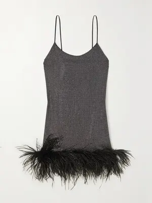 LESLIE AMON Laurie Crystal-embellished Feather-trimmed Mini Dress - Black
