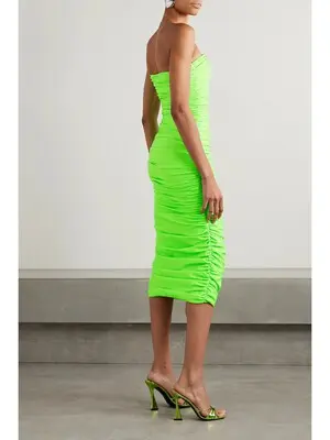 SERGIO HUDSON Strapless Ruched Neon Coated Stretch-jersey Midi Dress