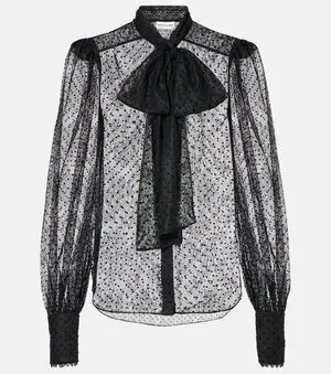 Rebecca Vallance Ethel Tie-neck Lace Blouse In Ivory Glow