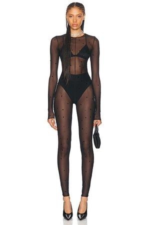 Oseree Crystal Embellished Mesh Jumpsuit - Black