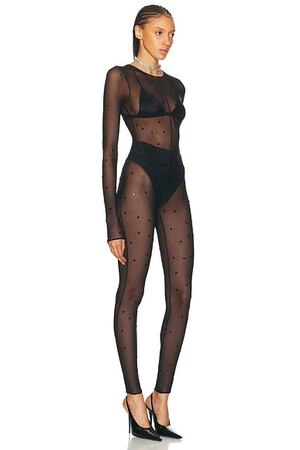 Oseree Crystal Embellished Mesh Jumpsuit
