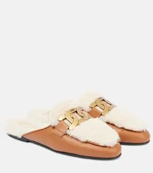 TOD'S Shearling And Leather Mules - Neutrals
