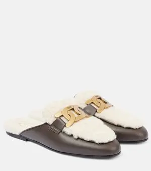 TOD'S Shearling And Leather Mules With Chain Detail - Brown