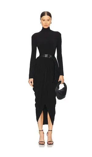 Norma Kamali Long Sleeve Turtleneck Waterfall Dress - Black