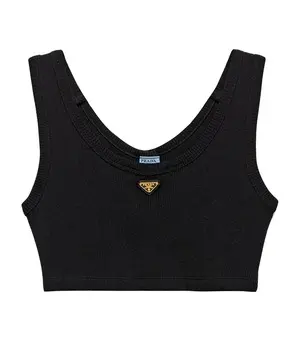 Prada Cotton Triangle Logo Crop Top - Black