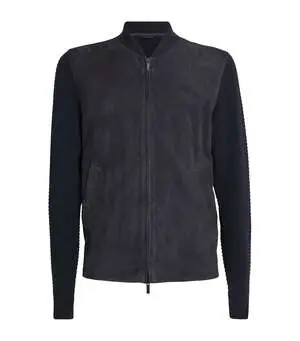 Giorgio Armani Suede And Virgin Wool Bomber Jacket - Blue