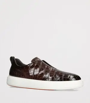 Santoni Crocodile Effect Leather Slip-on Sneakers