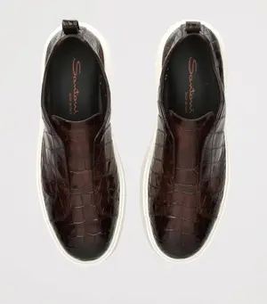 Santoni Crocodile Effect Leather Slip-on Sneakers
