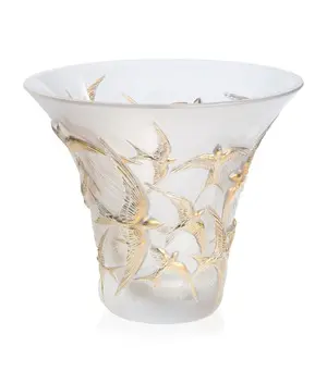 Lalique Crystal Hirondelles Swallow Stamped Vase - Clear