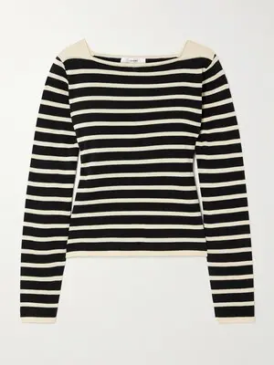 FRAME Striped Cotton Boat Neck Sweater - Black