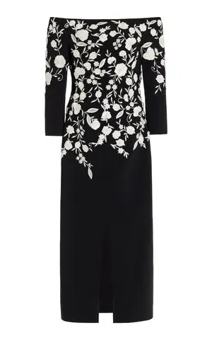 Carolina Herrera Embroidered Off-the-shoulder Cady Sheath Dress - Black