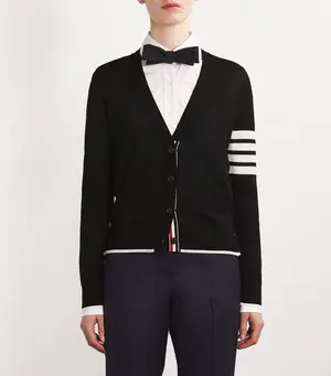 Thom Browne Virgin Wool Cardigan With Signature Stripes - Black