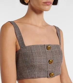 SELF-PORTRAIT Checked Cotton And Linen Bra Top