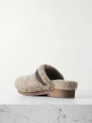 Brunello Cucinelli Embellished Shearling Platform Clogs