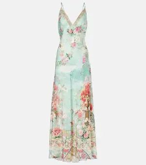 Camilla Printed Ruffled Satin Slip Dress - Multicoloured