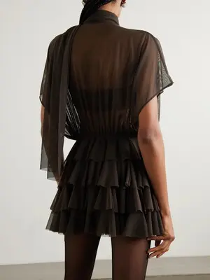 Norma Kamali Lauren Tie-neck Ruffled Stretch-mesh Mini Dress - Brown
