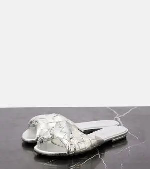 Bottega Veneta Blink Intrecciato Metallic Leather Mules - Silver