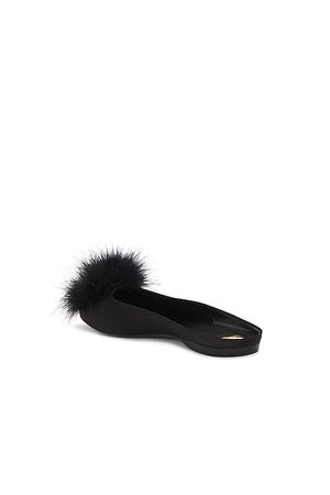 Saint Laurent Lido Flat Mule With Feather Pom Pom - Nero