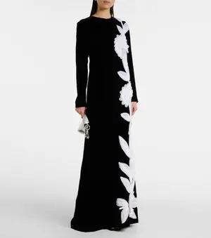 Costarellos Floral Appliqué Crepe Gown