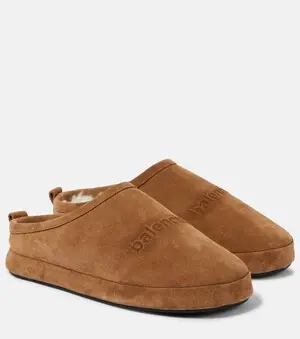 Balenciaga Suede Faux Fur Trimmed Slippers - Brown