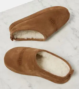 Balenciaga Suede Faux Fur Trimmed Slippers