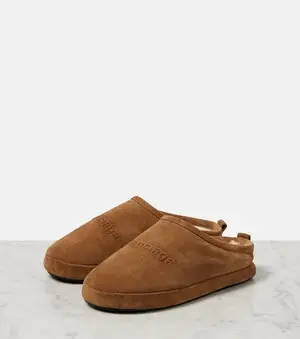 Balenciaga Suede Faux Fur Trimmed Slippers