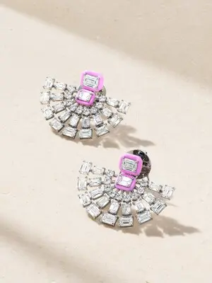 KAMYEN 18-karat White Gold, Diamond And Enamel Fan Earrings - Silver