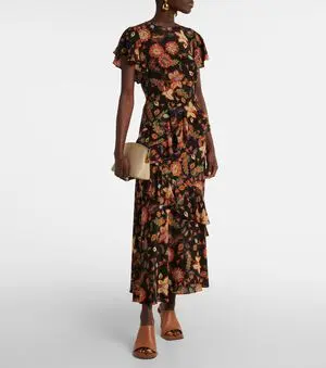 Ulla Johnson Amaia Floral Print Silk Midi Dress - Black