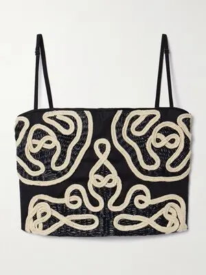 Johanna Ortiz Cropped Linen Top With Appliqué And Straw Trim - Black