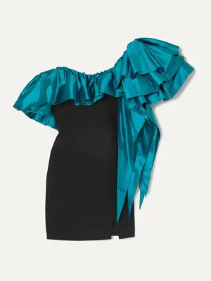 RASARIO One-shoulder Ruffled Shantung And Crepe Mini Dress