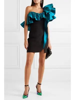 RASARIO One-shoulder Ruffled Shantung And Crepe Mini Dress