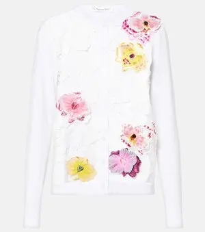 Oscar De La Renta Floral Appliqué Cotton-blend Cardigan - Multicoloured