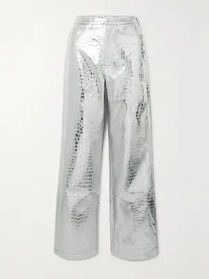ROTATE BY BIRGER CHRISTENSEN Metallic Croc-effect Wide-leg Trousers - Silver