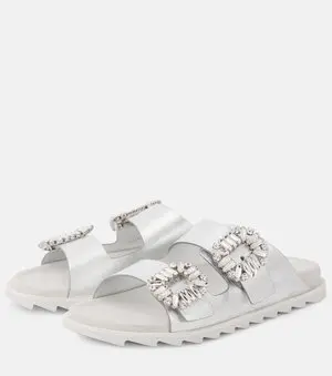 ROGER VIVIER Embellished Metallic Leather Slides - Silver