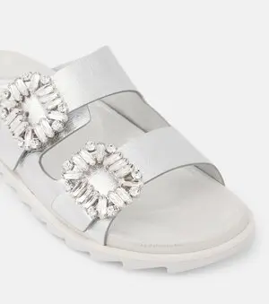 ROGER VIVIER Embellished Metallic Leather Slides - Silver