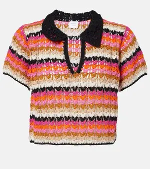 Anna Kosturova Striped Cotton Crochet Polo Shirt - Multicoloured