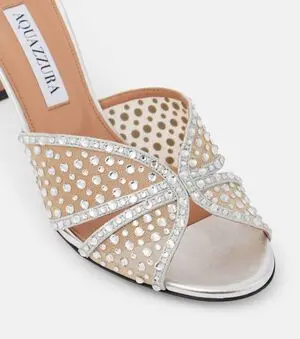 AQUAZZURA Crystal Lover 75 Leather-trimmed Mules - Silver