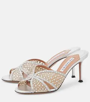 AQUAZZURA Crystal Lover 75 Leather-trimmed Mules - Silver