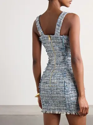Balmain Button-embellished Frayed Tweed Mini Dress