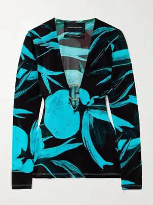LOUISA BALLOU Helios Embellished Printed Stretch-jersey Top - Blue