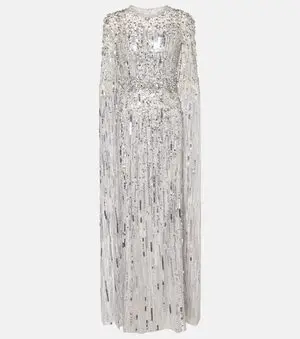 Jenny Packham Ruby Caped Sequined Gown Silver