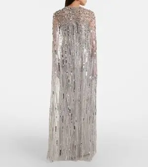 Jenny Packham Ruby Caped Sequined Gown - Silver