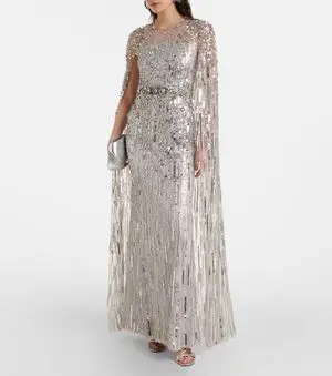 Jenny Packham Ruby Caped Sequined Gown - Silver