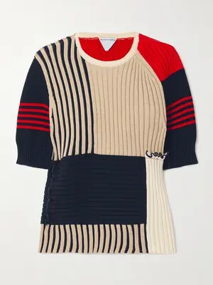 Bottega Veneta Patchwork Striped Ribbed Cotton Sweater With Ruffle Trim - Multi