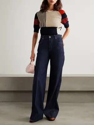 Bottega Veneta Patchwork Striped Ribbed Cotton Sweater With Ruffle Trim - Multi