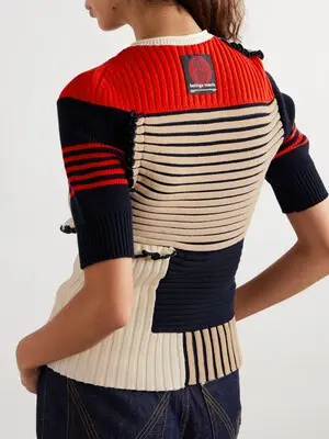 Bottega Veneta Patchwork Striped Ribbed Cotton Sweater With Ruffle Trim - Multi