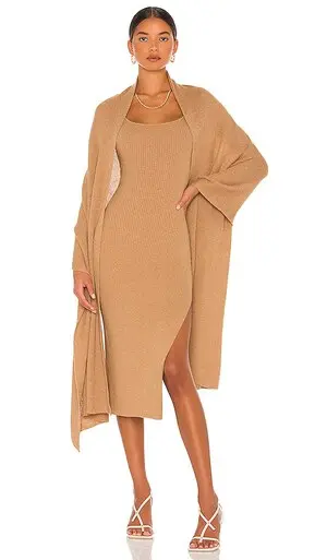 Lpa Salmah Ribbed Knit Midi Dress With Detachable Shawl - Tan