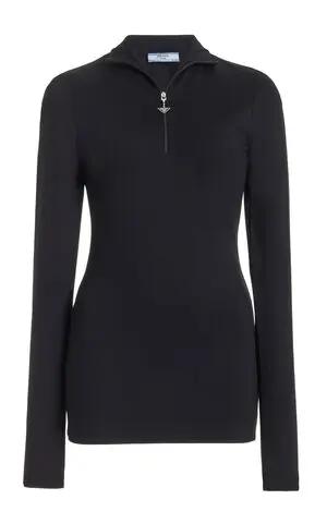 Prada Stretch-jersey Zip-up Top With Triangle Logo - Black