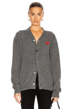 Play Comme Des Garcon Lambswool Cardigan With Red Emblem - Medium Grey
