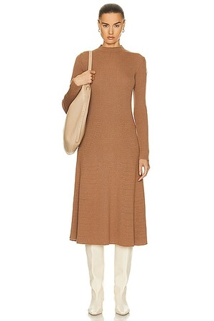 Moncler Long Sleeve Midi Knit Dress - Camel